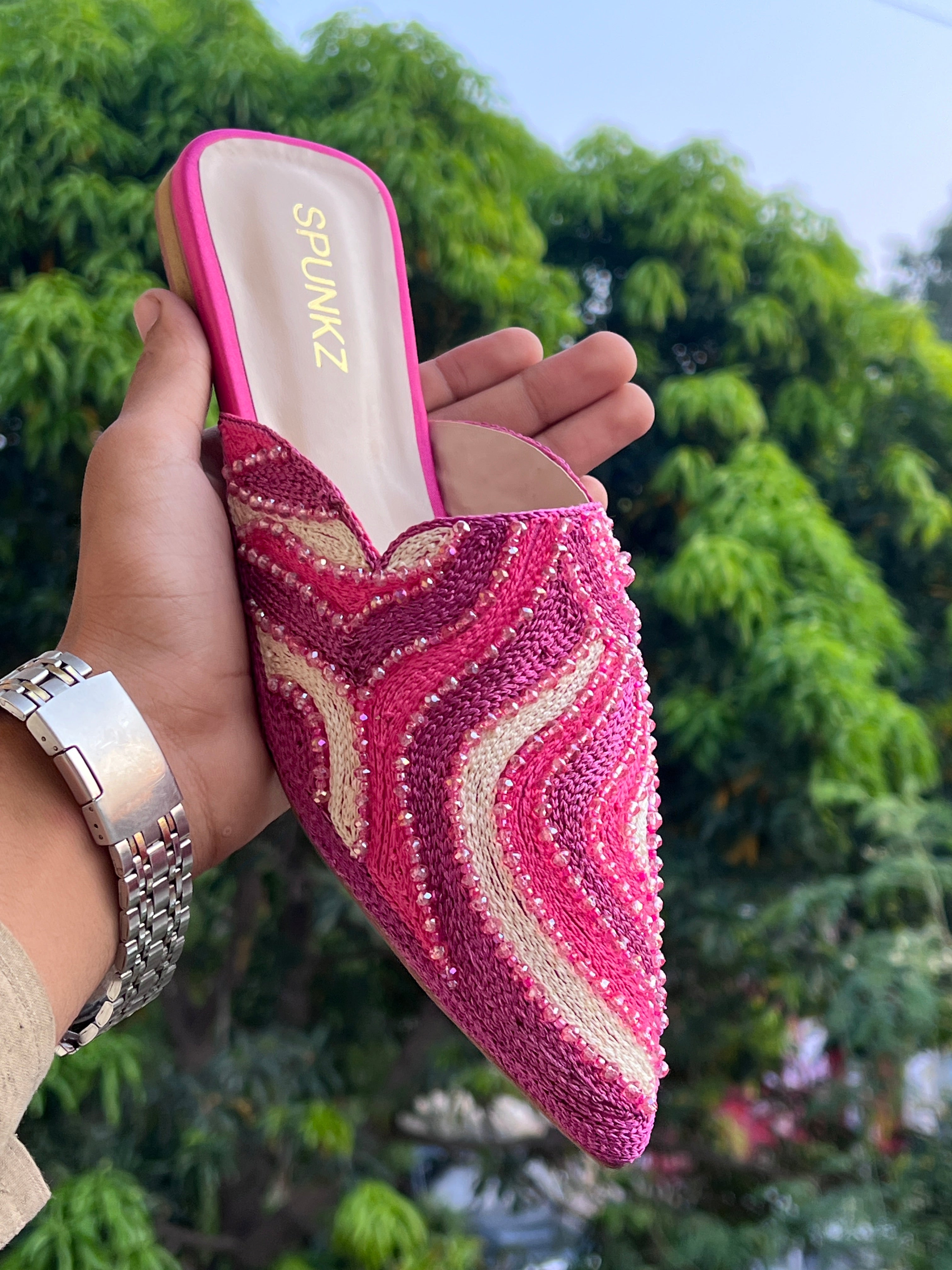 Buy Spunkz Bridal Pink Hand Embroidered Mules Shoes for Women
