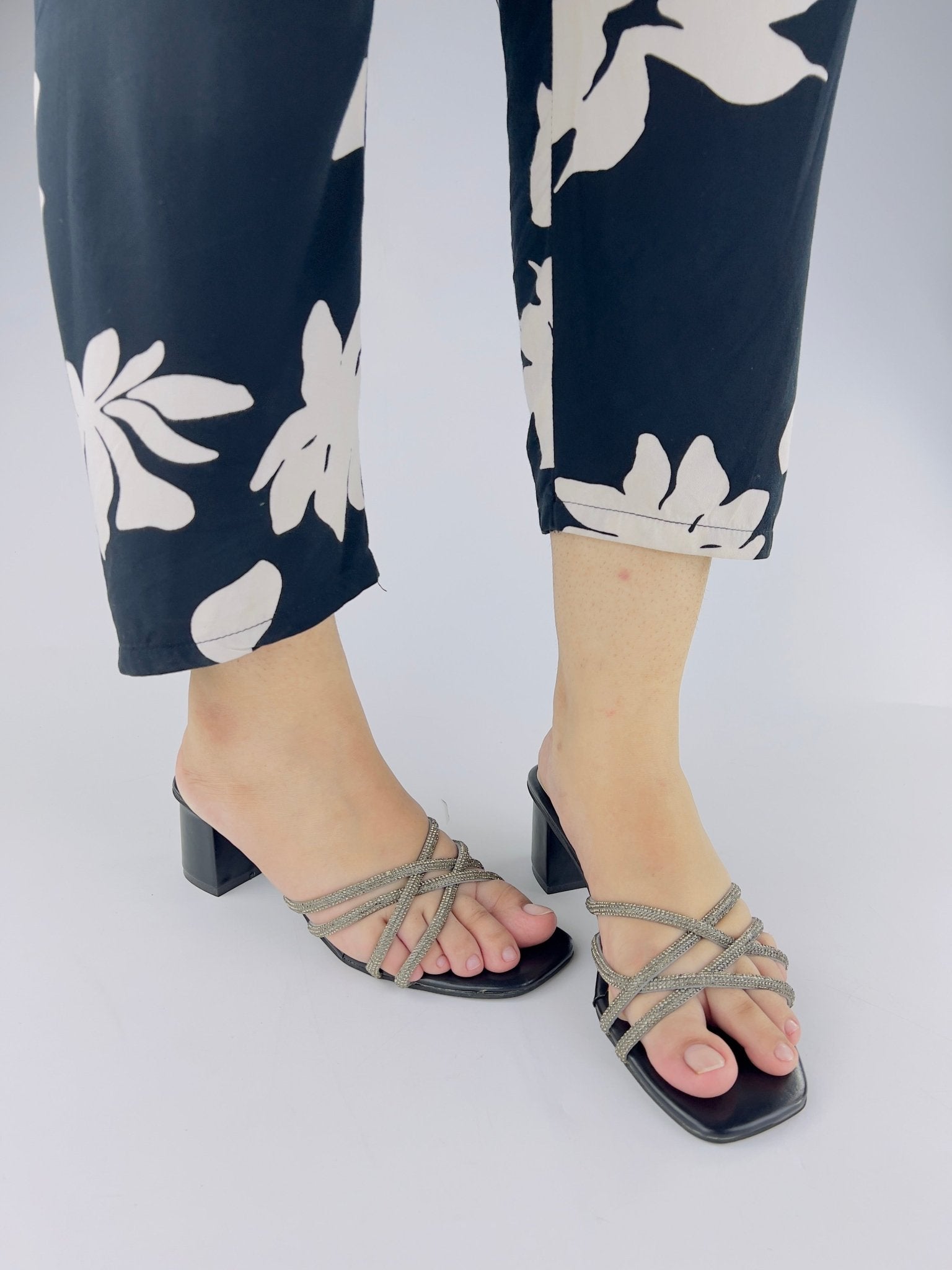 Spunkz Alba Black Rhinestone Decor Cross Chained Strap Block Heel